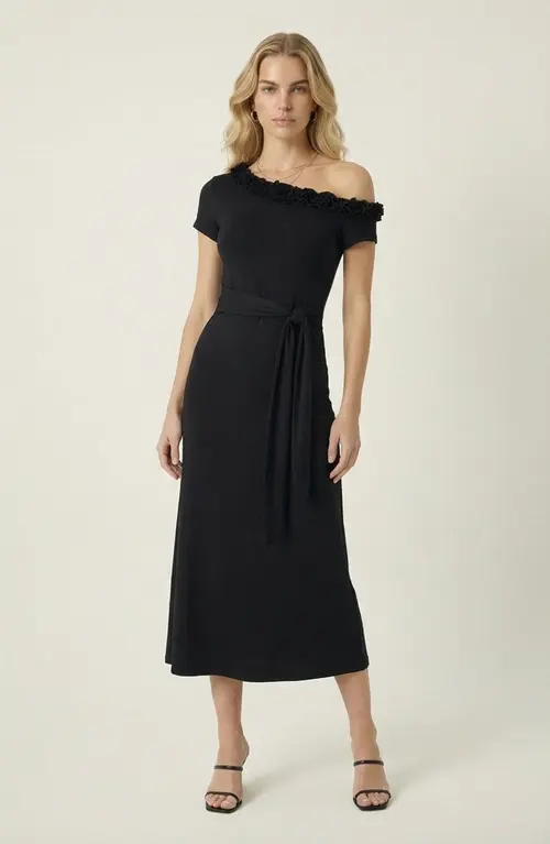 MODENAIRE One Shoulder Midi Dress - Black