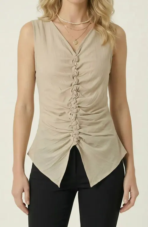 MODENAIRE Ruched Sleeveless V-neck Top With Pointed Hem - Beige