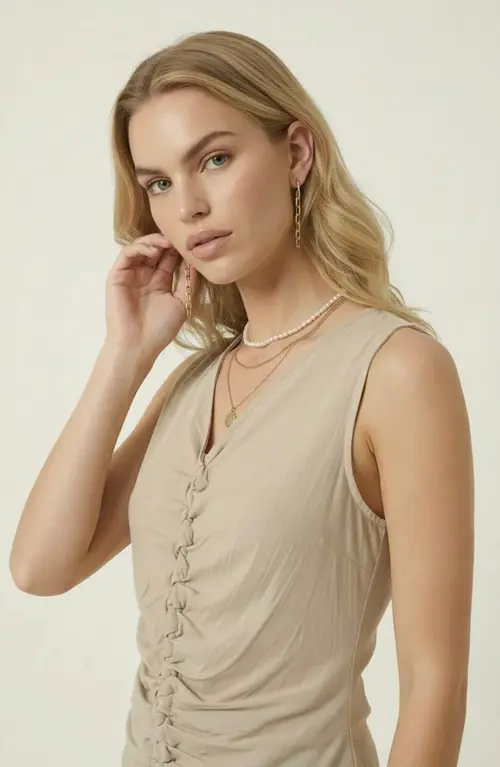 MODENAIRE Ruched Sleeveless V-neck Top With Pointed Hem