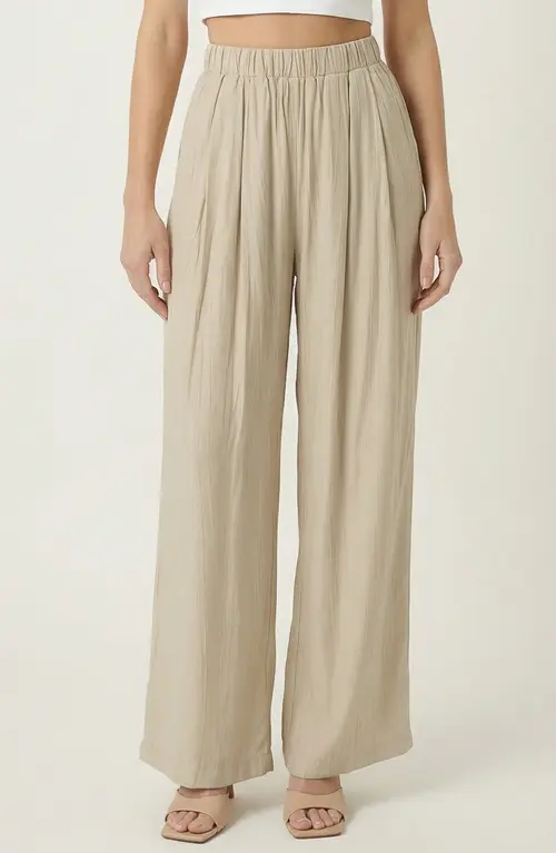 MODENAIRE Wide Leg Pants With Elastic Waist - Beige
