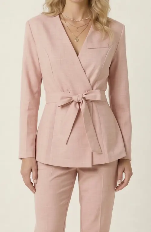 MODENAIRE Wrap Blazer With Waist Tie Belt - Dusty Pink