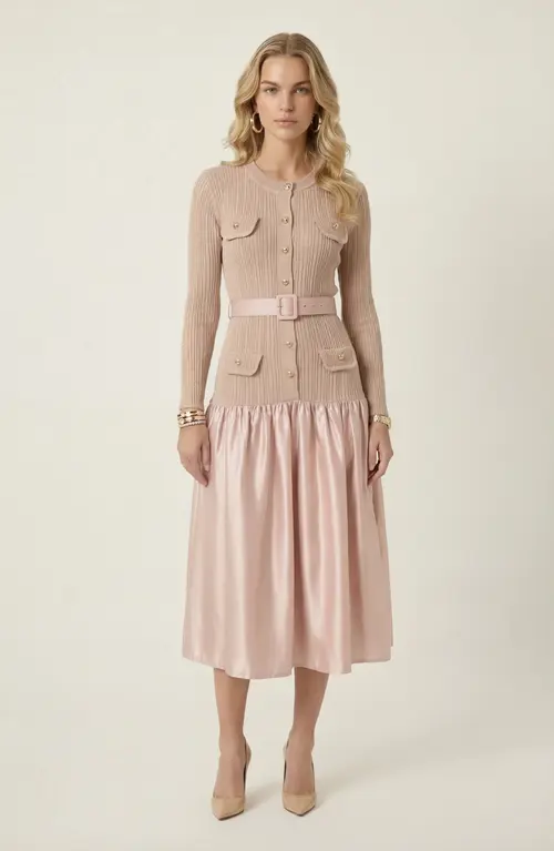 MODENAIRE Ribbed Knit And Satin Midi Dress - Blush Pink
