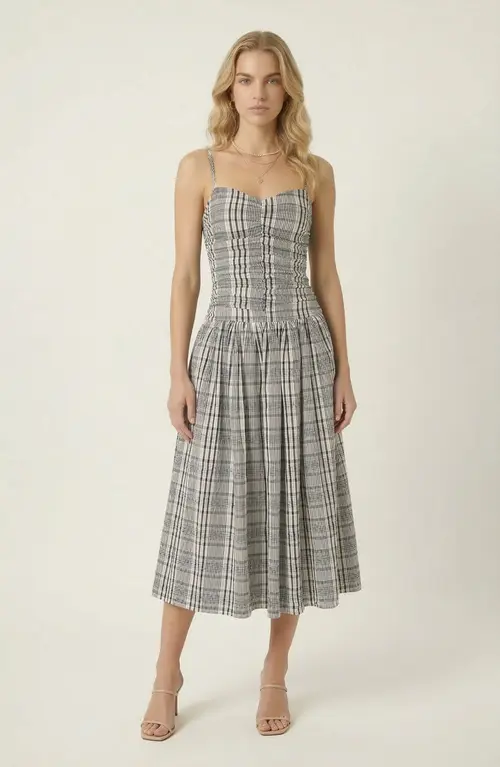 MODENAIRE Plaid Smocked Bodice Midi Dress - Charcoal Plaid