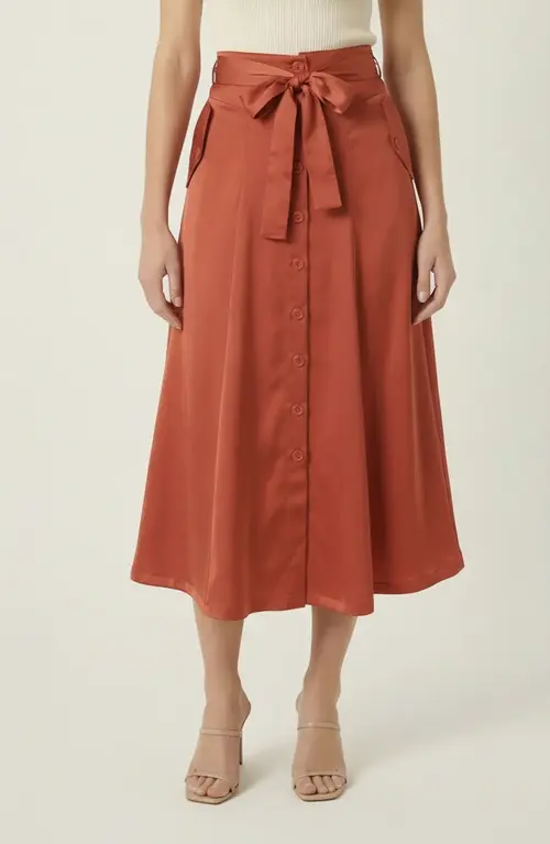 MODENAIRE Midi Skirt With Button-front Closure And Waist Tie - Rust