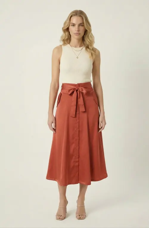 MODENAIRE Midi Skirt With Button-front Closure And Waist Tie