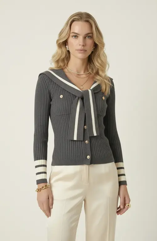 MODENAIRE Ribbed Knit Cardigan With Sailor Collar - Charcoal Gray