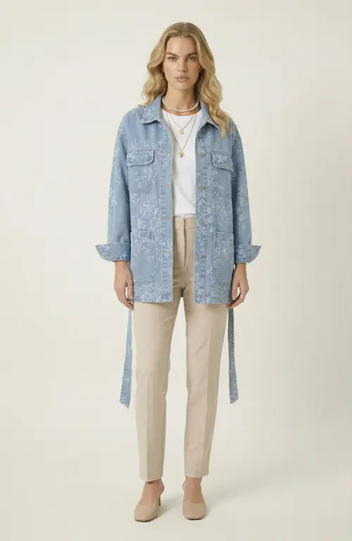 MODENAIRE Floral Jacquard Denim Jacket - Light Blue