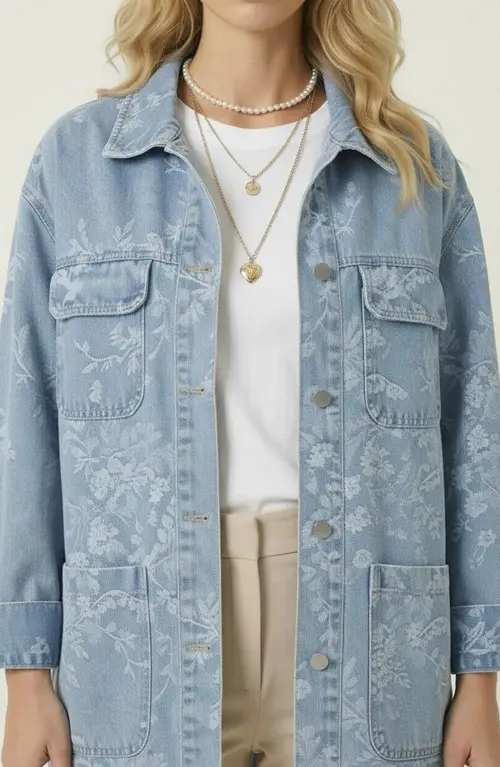 MODENAIRE Floral Jacquard Denim Jacket - Light Blue