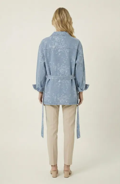 MODENAIRE Floral Jacquard Denim Jacket - Light Blue