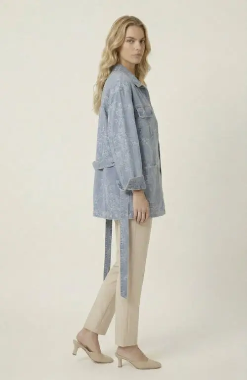 MODENAIRE Floral Jacquard Denim Jacket - Light Blue