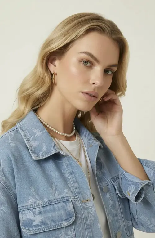 MODENAIRE Floral Jacquard Denim Jacket - Light Blue