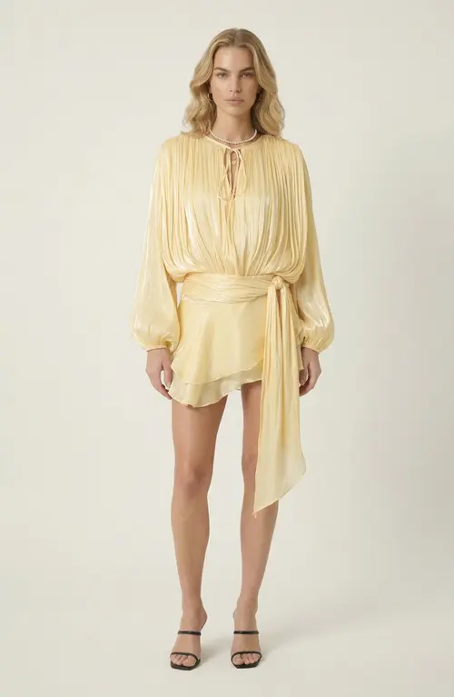 MODENAIRE Pleated Long Sleeve Mini Dress With Tie Waist And Keyhole Neck - Pale Yellow