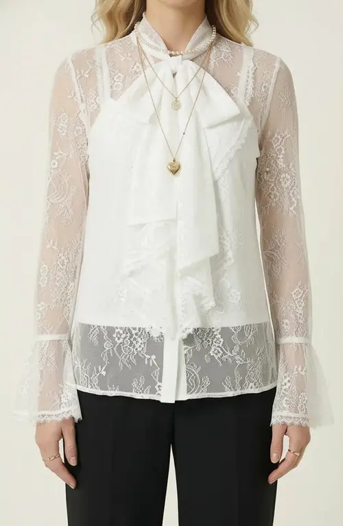 MODENAIRE Sheer Lace Bow Tie Neck Ruffle Front Detail Blouse - White
