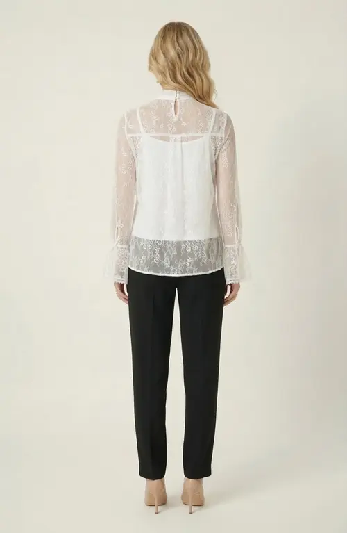 MODENAIRE Sheer Lace Bow-tie Ruffle Blouse
