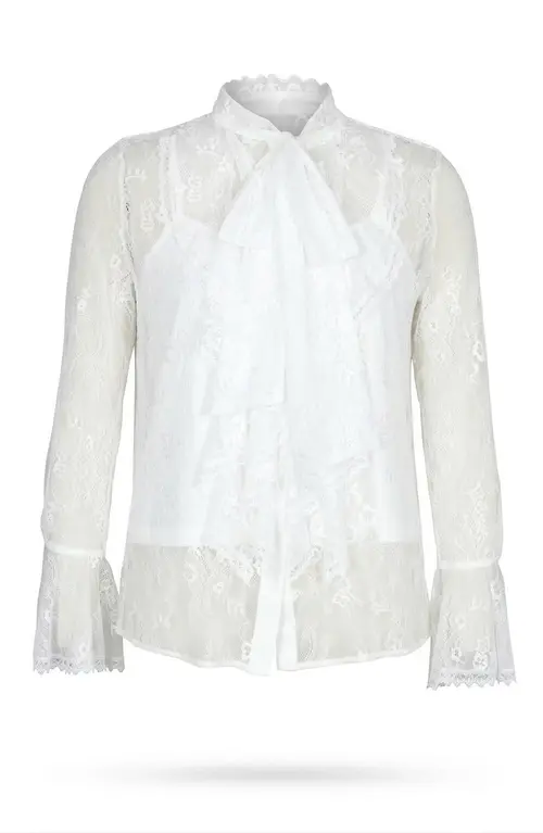 MODENAIRE Sheer Lace Bow-tie Ruffle Blouse