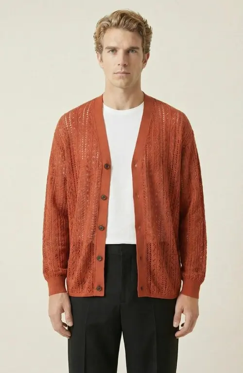 MODENAIRE Open Knit Textured Cardigan - Rust Orange