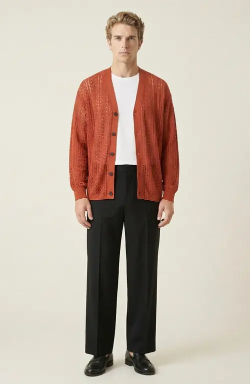 MODENAIRE Open Knit Textured Cardigan - Rust Orange