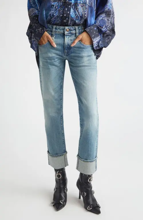R13 Cuffed Straight Leg Boyfriend Jeans - Lapis Selvedge Blue Stretch