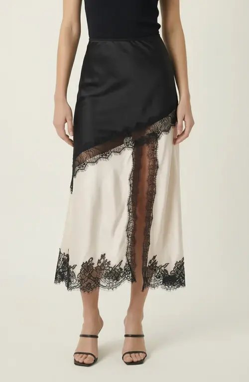 MODENAIRE Lace Trim Asymmetric Satin Midi Skirt - Beige