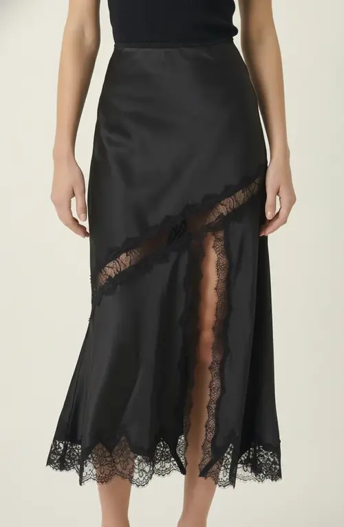 MODENAIRE Lace Trim Asymmetric Satin Midi Skirt With Contrast Panel - Black