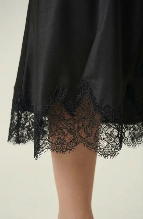 MODENAIRE Lace Trim Asymmetric Satin Midi Skirt - Black
