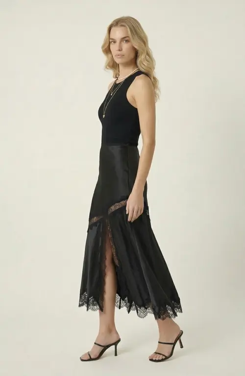 MODENAIRE Lace Trim Asymmetric Satin Midi Skirt - Black