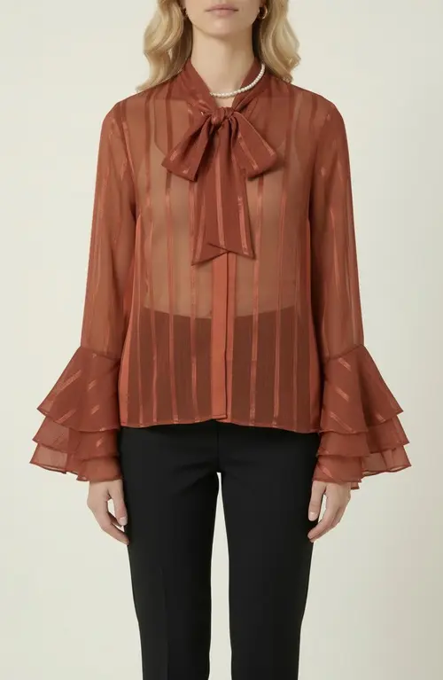 MODENAIRE Sheer Tie-neck Blouse With Bell Sleeves - Burnt Orange