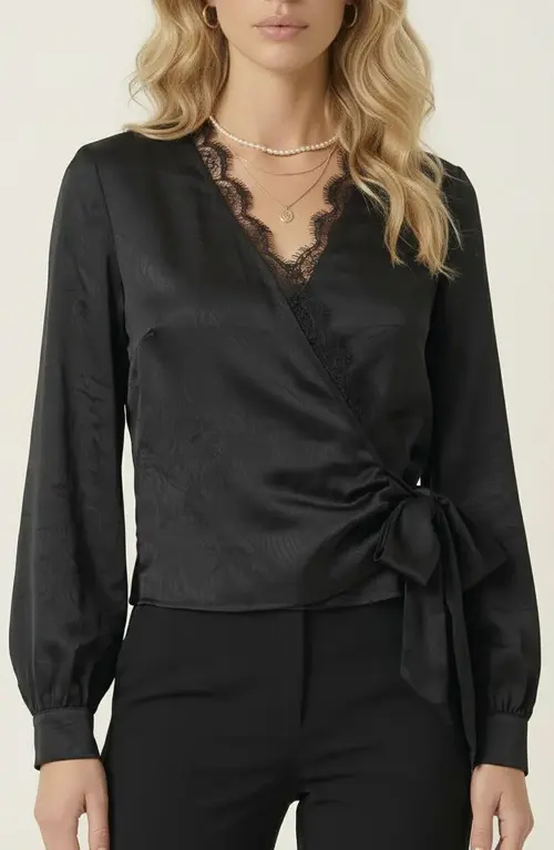 MODENAIRE Lace Trim Wrap Blouse - Black