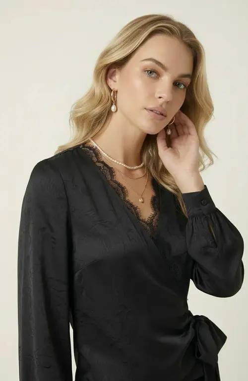 MODENAIRE Lace Trim Wrap Blouse