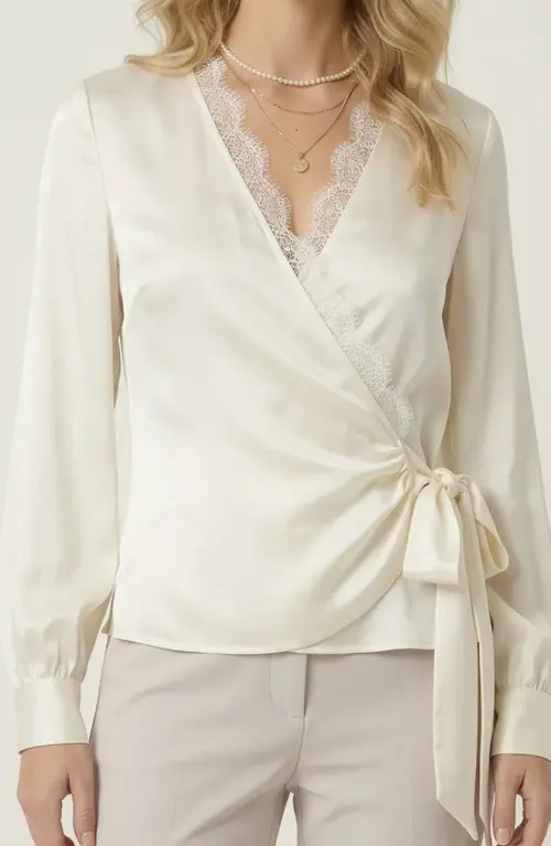 MODENAIRE Lace Trim Wrap Blouse - Cream
