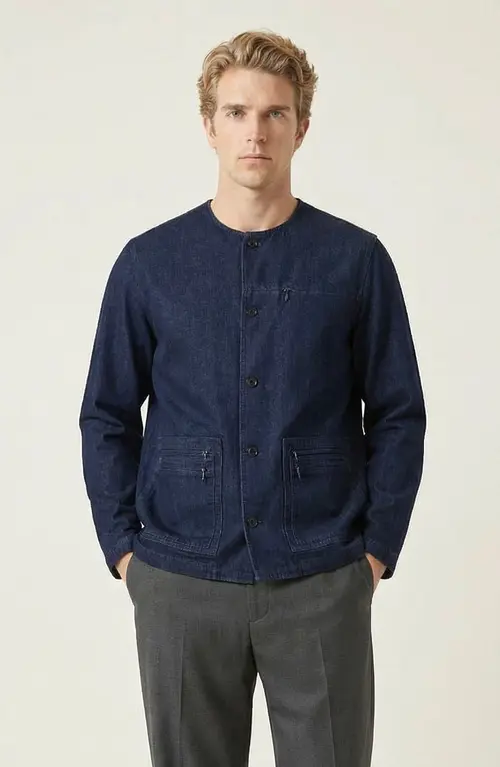 MODENAIRE Collarless Button Front Utility Pocket Jacket - Navy