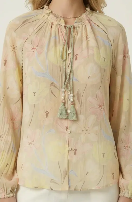 MODENAIRE Floral Print Blouse With Tassel Tie - Beige Floral