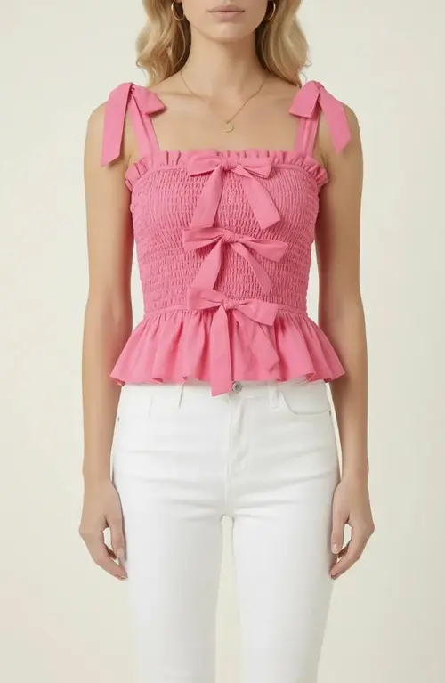 MODENAIRE Smocked Peplum Top With Bow Tie Straps And Ruffle Hem - Pink