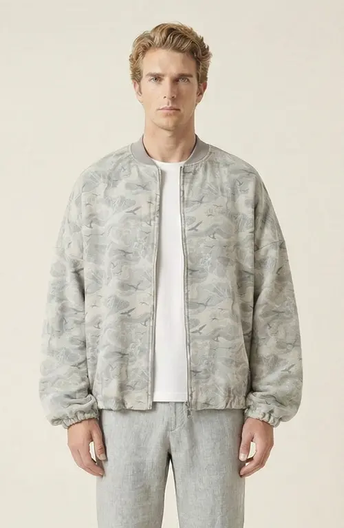 MODENAIRE Printed Zip Front Bomber Jacket - Beige