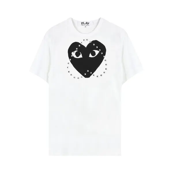 Play Comme Des Garcon Logo Heart Print Studded Tee - White