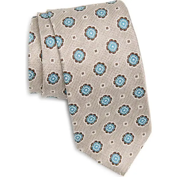 David Donahue Floral Medallion Silk & Cotton Neck Tie - Dune