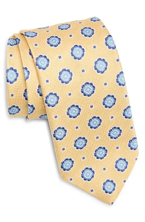 David Donahue Floral Medallion Silk & Cotton Tie - Yellow