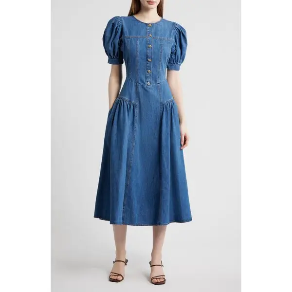 FREEMARKET Cotton Blend Puff Sleeve Midi Dress - Denim