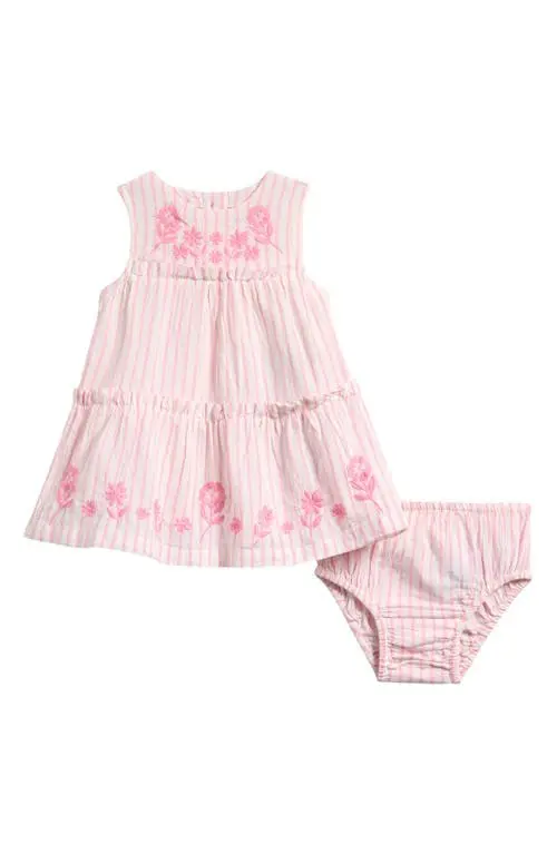 Boden Tiered Ruffle Cotton Dress With Bloomers - Pink Embroidered Stripe