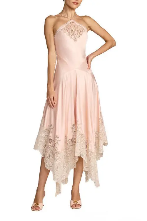 Mac Duggal Charmeuse Lace Detail Asymmetrical Hem Midi Dress - Ballet Slipper