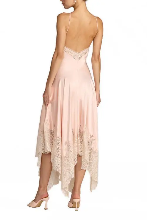 Mac Duggal Charmeuse Lace Detail Asymmetrical Hem Midi Dress - Ballet Slipper