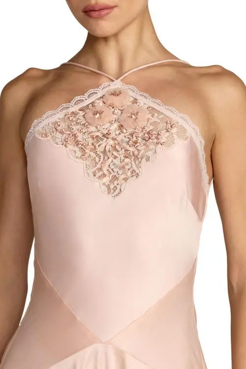 Mac Duggal Charmeuse Lace Detail Asymmetrical Hem Midi Dress - Ballet Slipper