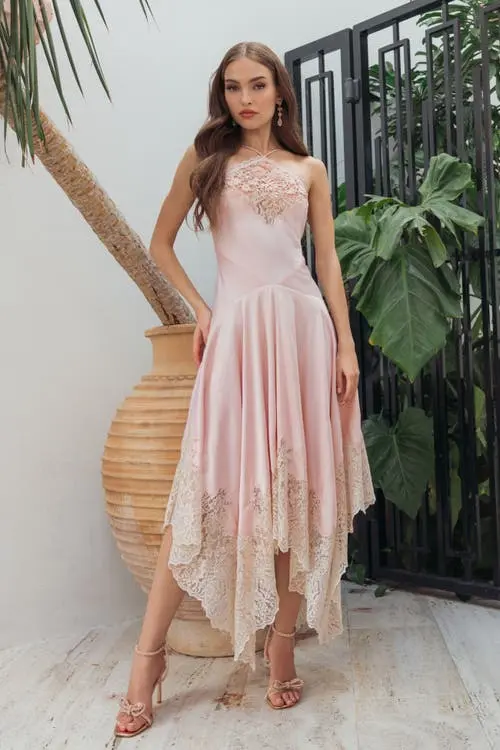 Mac Duggal Charmeuse Lace Detail Asymmetrical Hem Midi Dress - Ballet Slipper