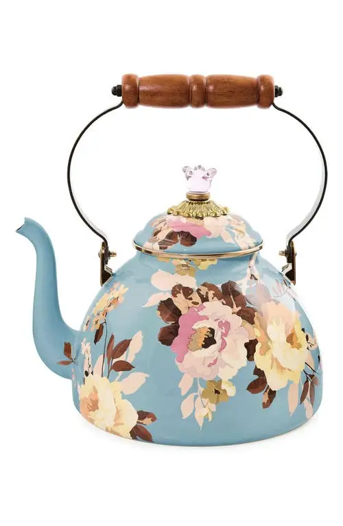 MACKENZIE-CHILDS Wild Rose Slate Enameled Steel 3-quart Tea Kettle - Blue