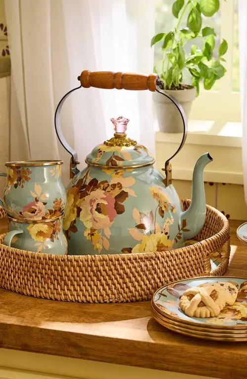 MACKENZIE-CHILDS Wild Rose Slate Enameled Steel 3-quart Tea Kettle - Blue