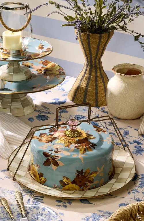 MACKENZIE-CHILDS Wild Rose Slate Enameled Steel Cake Carrier - Blue
