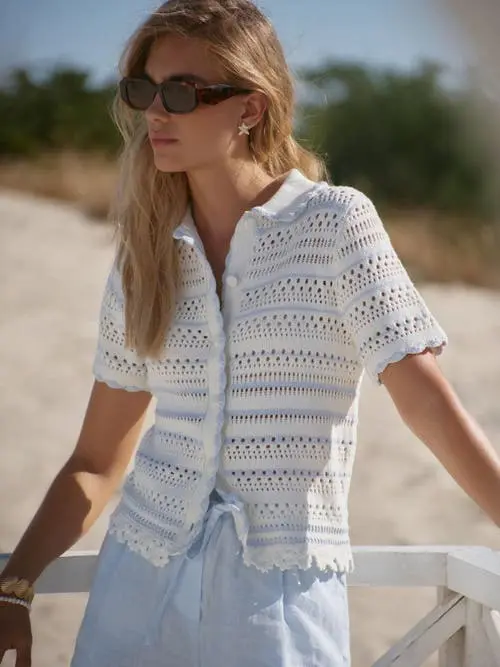 Mint Velvet Cotton Blend Stripe Crochet Top - Ivory