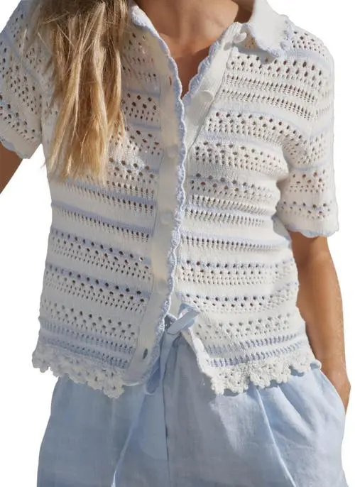 Mint Velvet Cotton Blend Stripe Crochet Top - Ivory