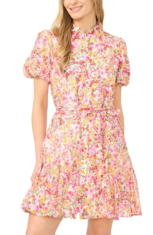 CECE DUPRAZ Floral Print Tie Waist Mini Shirt Dress - New Ivory