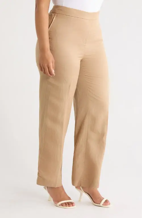 KASPER The Audrey Pull-on Straight Leg Linen Blend Pants - Toasted Wheat